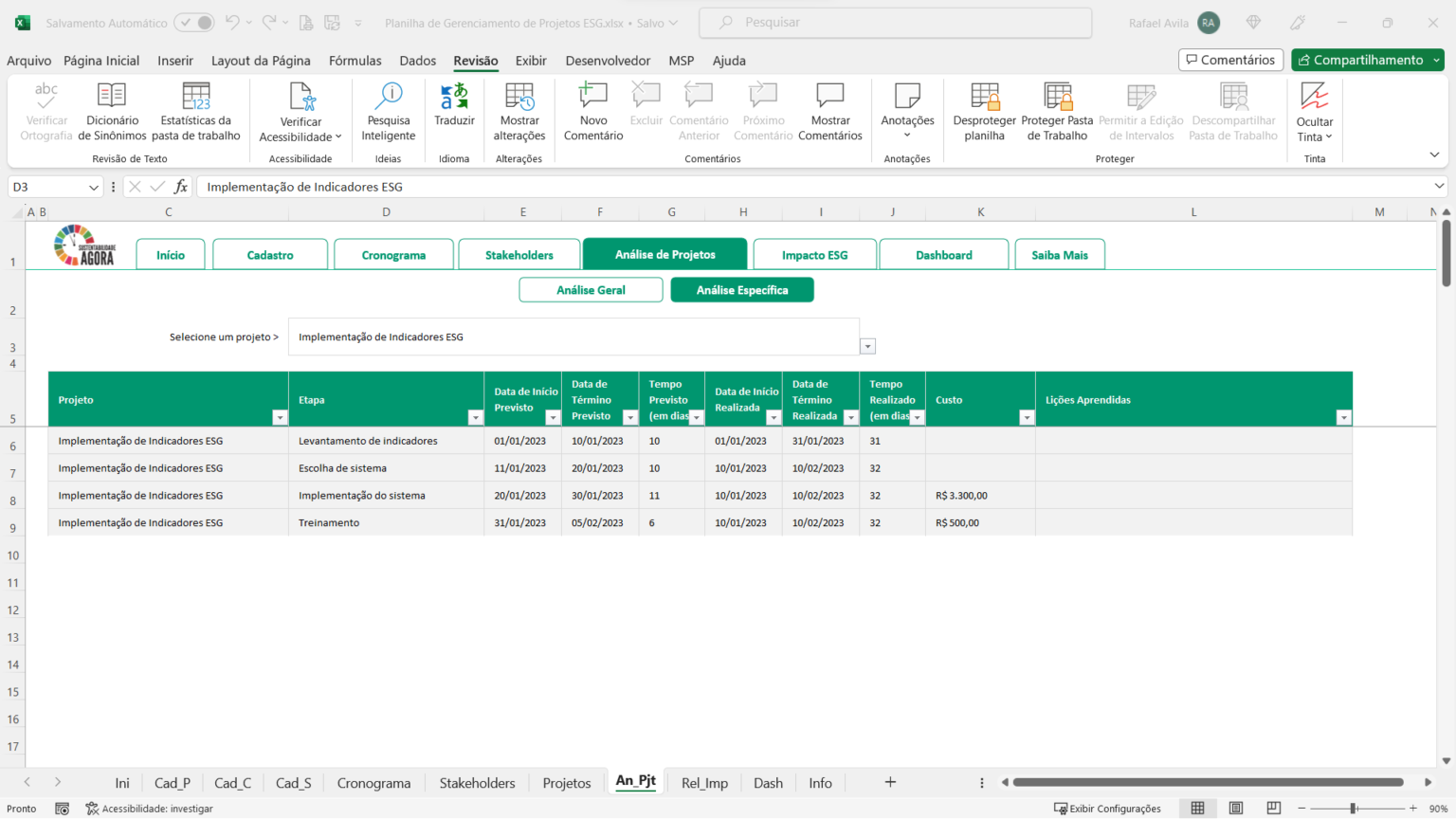 Planilha de Gerenciamento de Projetos ESG em Excel - Sustentabilidade Agora
