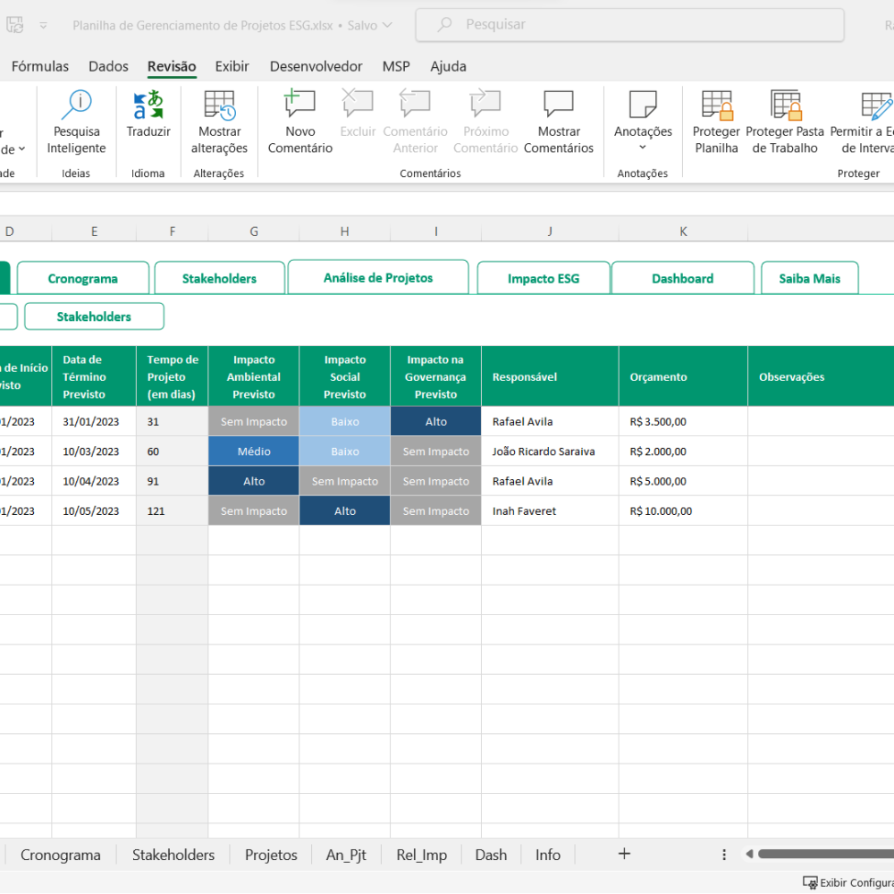 Planilha de Gerenciamento de Projetos ESG em Excel - Sustentabilidade Agora