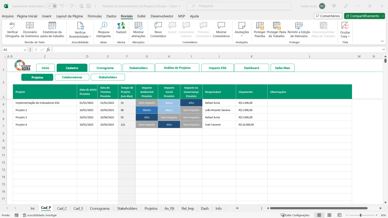 Planilha de Gerenciamento de Projetos ESG em Excel - Sustentabilidade Agora