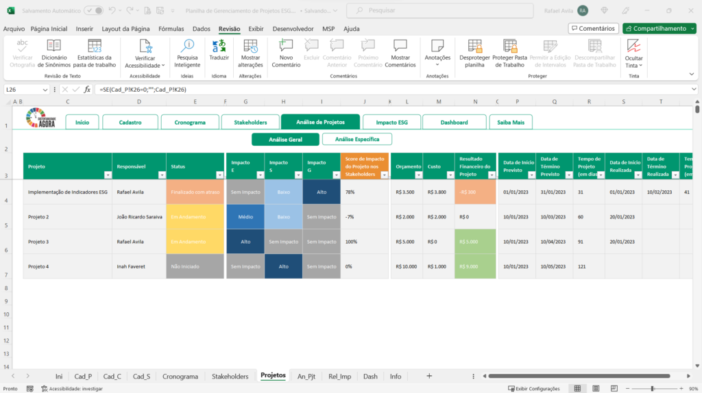 Planilha de Gerenciamento de Projetos ESG em Excel - Sustentabilidade Agora