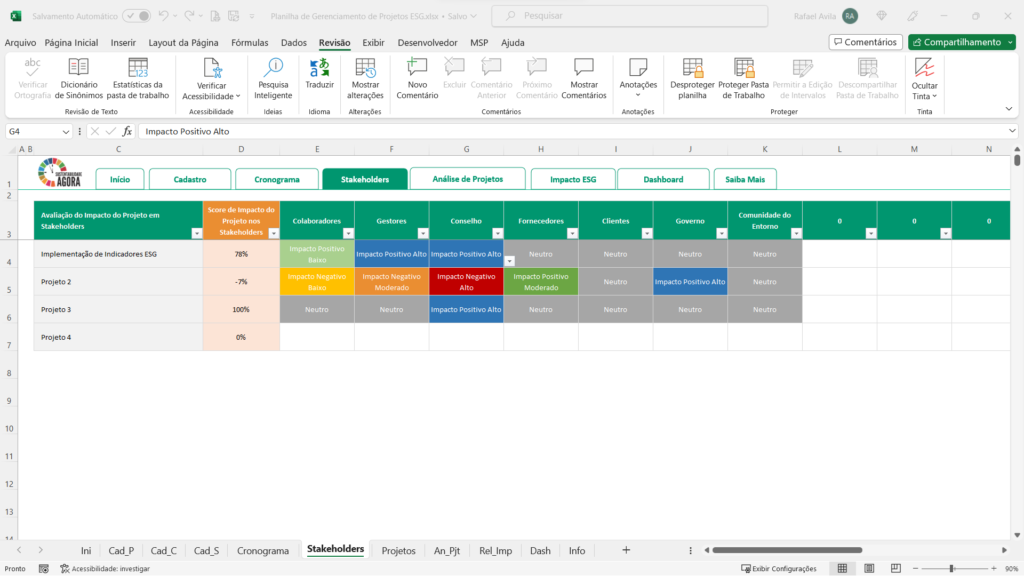 Planilha de Gerenciamento de Projetos ESG em Excel - Sustentabilidade Agora